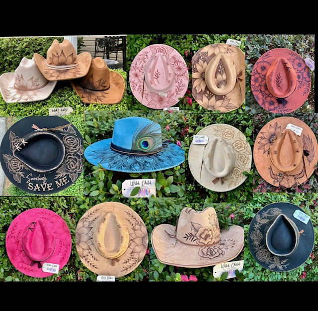 Wild Child Floral Wide Brim, Cowboy Burned Custom Suede Hats – Wild ...